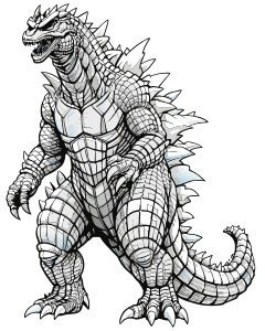 b/w outline. A dynamically illustrated Godzilla, featuring intricate ...