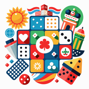 A set of dominoes with cultural symbols from different countries ...