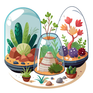 Create illustrations of small, enclosed terrariums with miniature ...