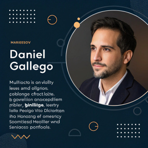 Daniel Gallego's professional headshot integrated into a sleek, modern graphic design portfolio ...