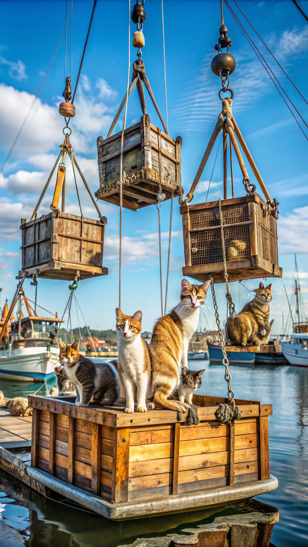 Cats being lowered into the harbor in cages by crane from an old wooden ...