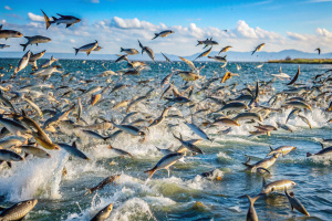 far distance view of thousands of fish migrating and jumping out of ...
