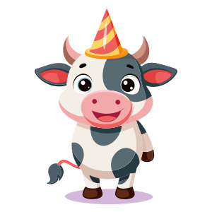 Funny cartoon cow wearing party hat isolated over white background ...