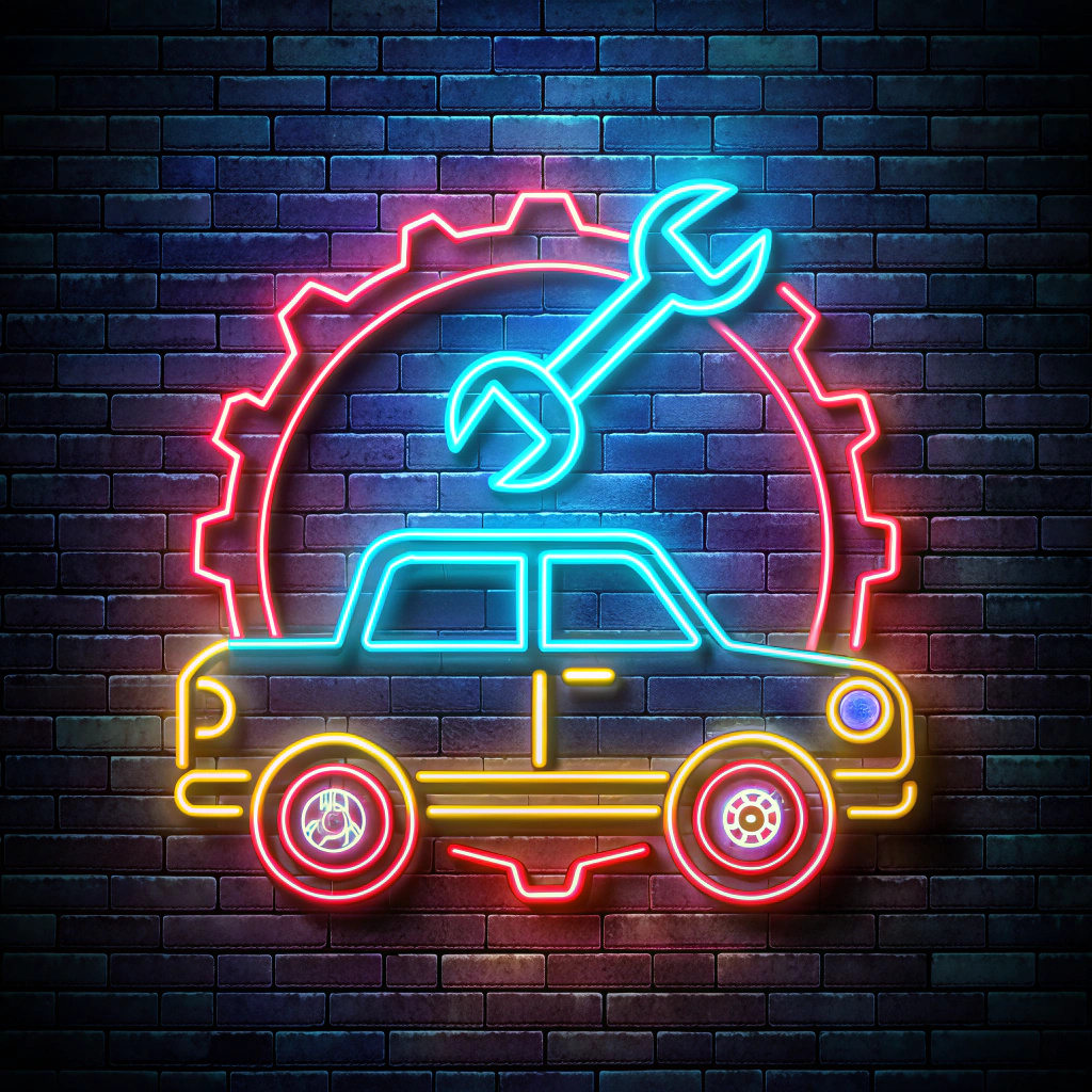 illuminated neon car repair sign on the background of a dark brick wall ...