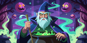 A powerful wizard brewing a potion in a bubbling cauldron, with magical ...
