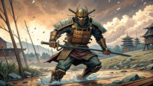 A samurai in full armor trains on mud road. Illustration with contour ...