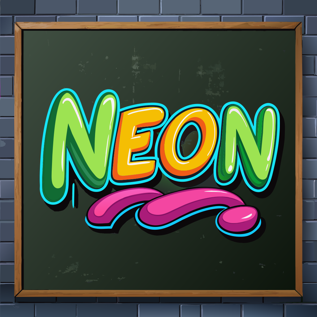 "NEON" written on the Chalkboard with lettering on brick wall ...