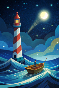 a picture of the sea: a very small boat with one sailor at night in a ...