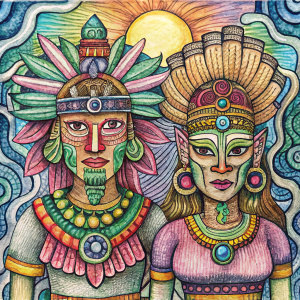 a drawing by hand of psycholdelic mystic picture of the two aztecan ...