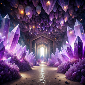Amethyst cave interior with walls of towering amethyst crystals ...