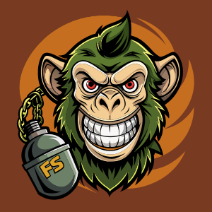 A monkey in the hands of a grenade on his neck a chain with the ...