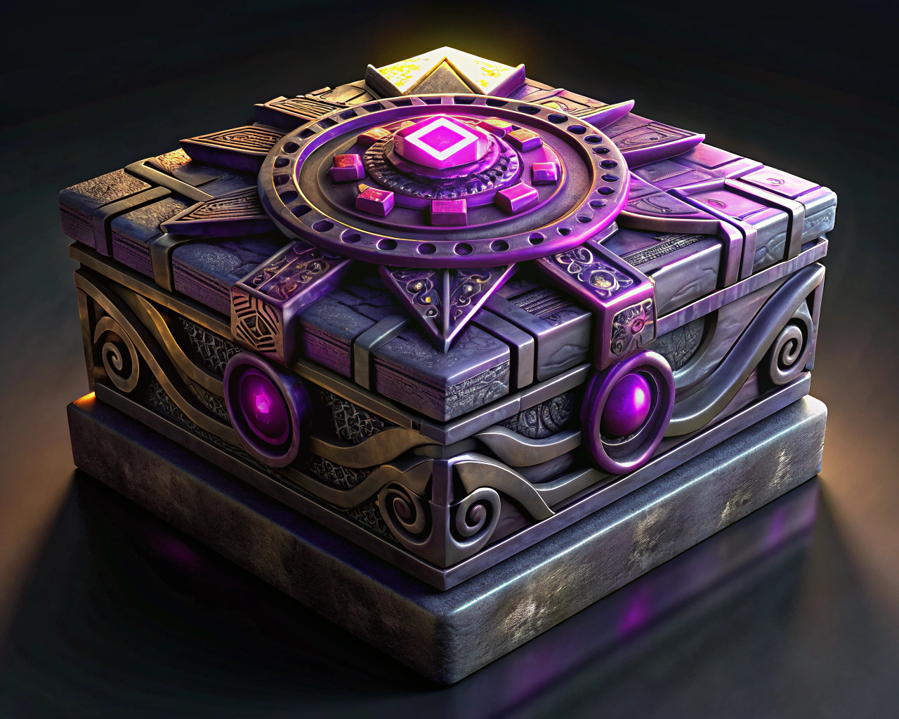 Box, black stone, purple & Gold foil, A mysterious Aztec ornament, with ...