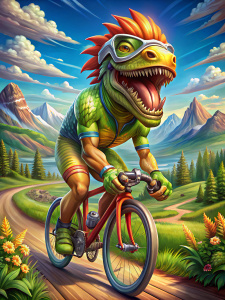 T-Rex wearing yellow cyclist uniform, t-rex wearing bike helmet and ...