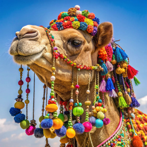 Camel decorated with colorful tassels necklaces and beads at the annual ...