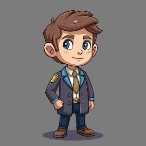 in flat 2D style full length of the young human police detective intern ...