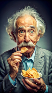 Albert Einstein eating potato chips colorful picture - Recraft