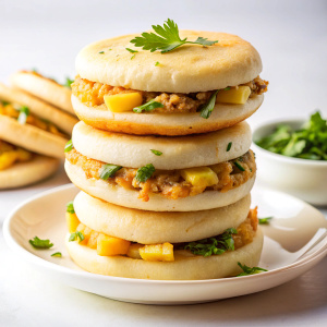 Stack of Flavorful Venezuelan Arepas on white plate on white background ...