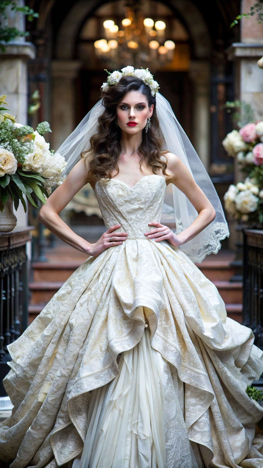 pro fashion design, brunette in chic wedding dress, classic Vivienne ...