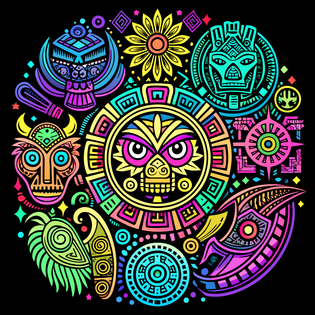 set of hand drawn aztec symbols in neon colors - Recraft