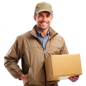 picture delivery man delivering a package wearing a brown jacket and ...