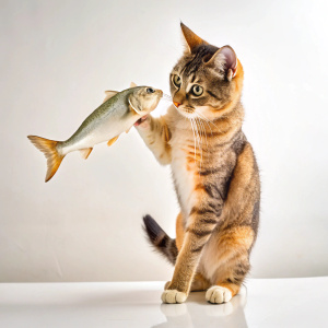 cat stole the fish on white background - Recraft