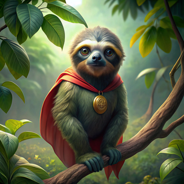 Imagine a charming sloth, donning a vibrant superhero cape and mask ...