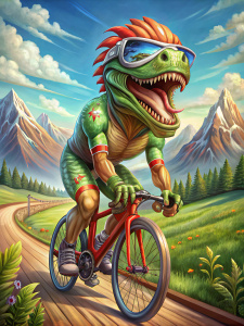 T-Rex wearing yellow cyclist uniform, t-rex wearing bike helmet and ...