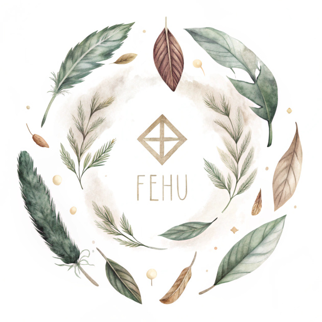 Fehu rune surrounded by herbs, leaves and feathers. Magic, rustic, folk ...
