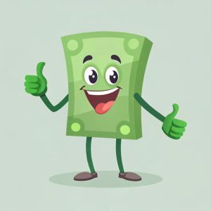 A happy, smiling dollar bill character with arms and legs, holding a ...