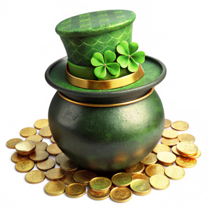 St Patricks Day pot of gold coins with shamrock and green hat isolated ...