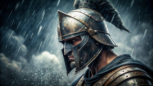 "Create an image of a warrior in Spartan-like armor, his helmet ...
