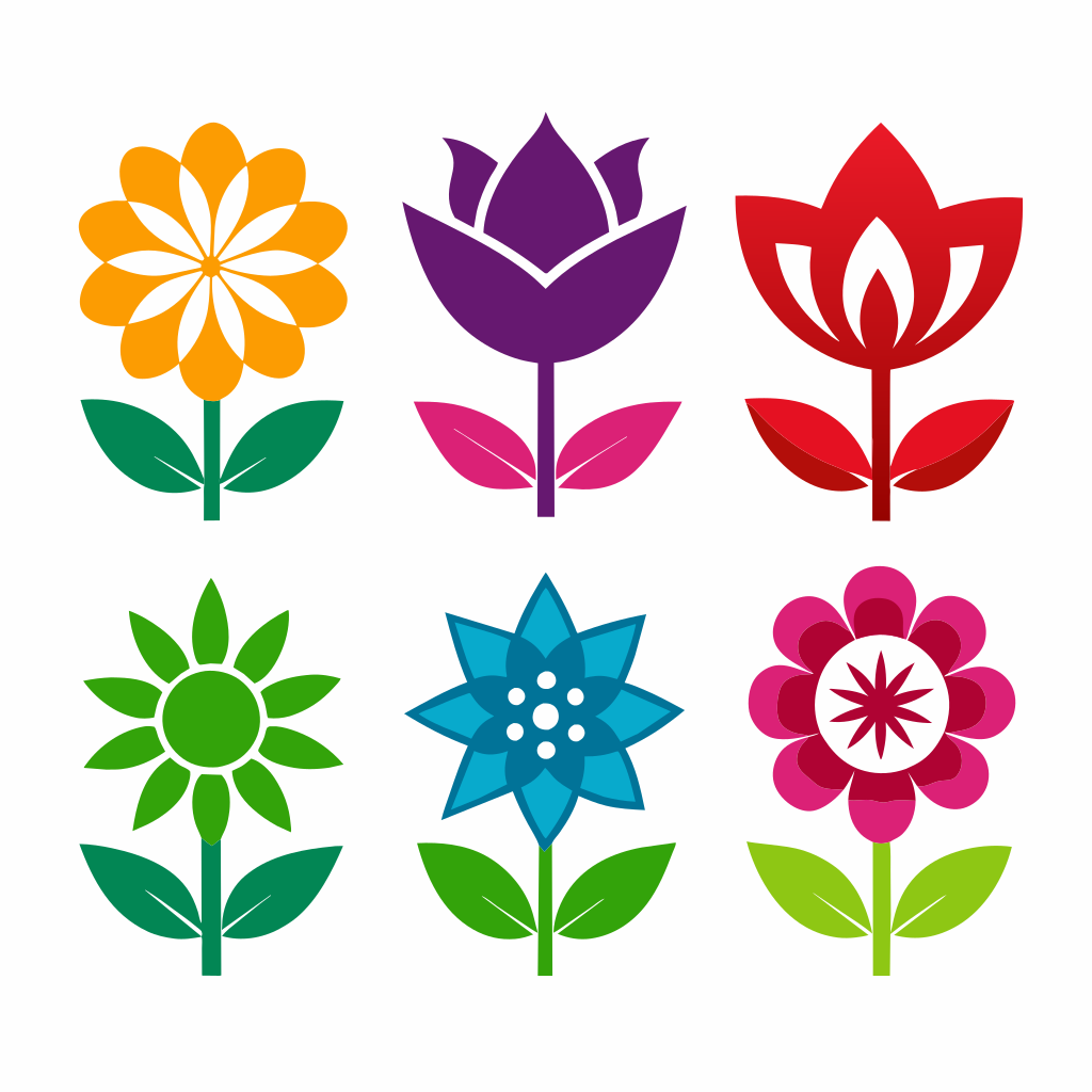 Create a set of Flower icon vector art illustrations, 6pcs flower icon ...
