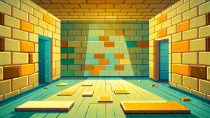 an empty closed room with stone walls two doors - Recraft