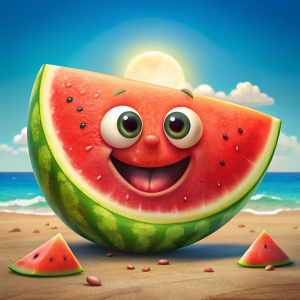 A slice of watermelon with googly eyes and a big smile, sunbathing on ...