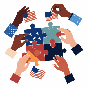 Freedom Day in the United States of America. Dark-skinned hands jigsaw ...