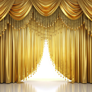 Golden stage curtains dripping on white background - Recraft
