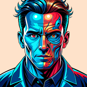 Half human half Terminator face, black stroke, white background - Recraft