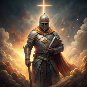 a holy knight with a helmet with no horns holding a long sword with a ...