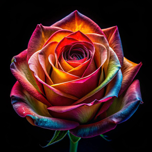 Vibrant red rose enclosed by colorful petals on dark surface isolated ...