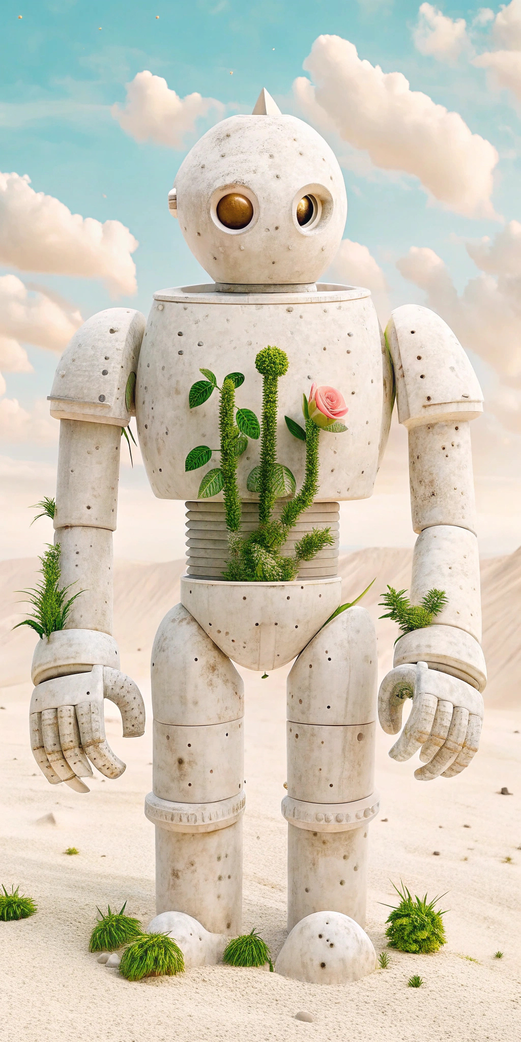 A giant rusty half-destroyed robot, half buried in the soil, with parts ...