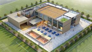 Create of the SPORTS AND WELLNESS CENTER building with the facade and ...