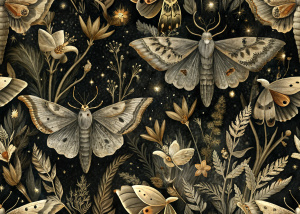 small night moths on flowers on a starry night, gloomy gothic dark ...