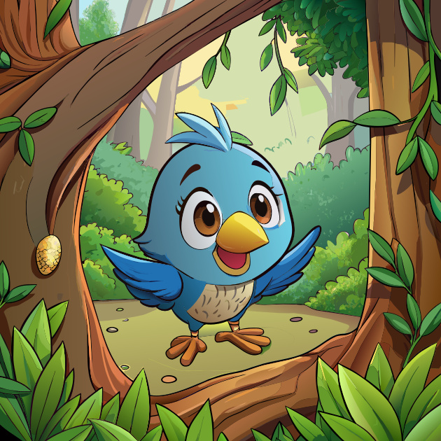 small, cute bird being trapped unser a twig on the tree in a cartoon ...
