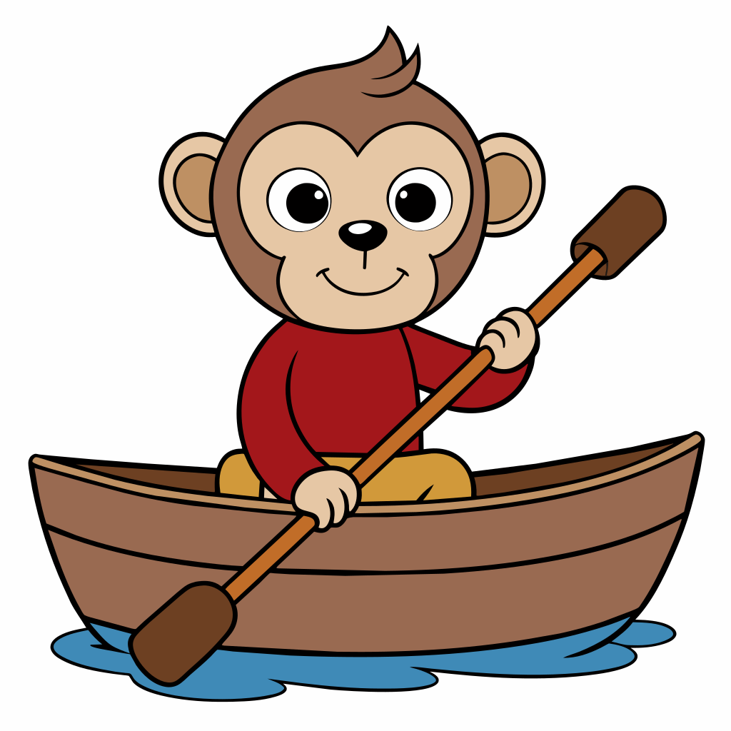 Cute monkey rowing wooden boat on white background - Recraft