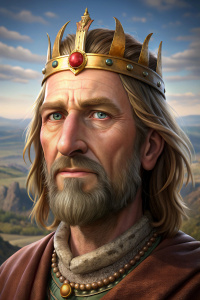 king in the Middle Ages with crown, brown-haired, close-up, landscape ...