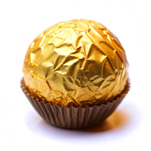 Chocolate ball candy in gold foil wrapper on white background - Recraft