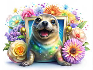 crea un hermoso foca realista colorido sonriente con decoraciones ...