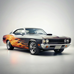monochromatic illustration of muscle car with flames on white ...
