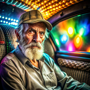 A wise old man with black beard and baseball cap in a taxi cab, sitting ...
