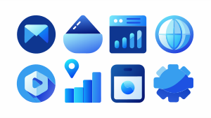 A set of blue vector icons of modern trend in the style of glass ...
